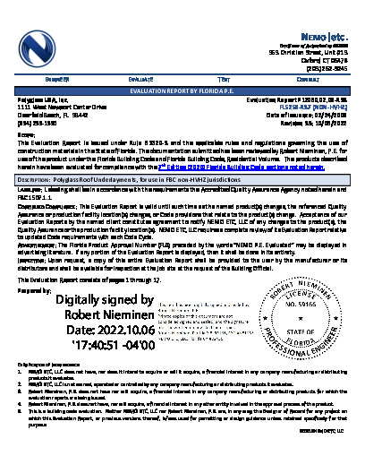 FL5259.2-R37 - Polyglass roof underlayments, for use in FBC non-HVHZ