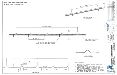 FL42074.1-R0 - 26 Ga. Steel Eagle Rib Roof Panel, 36" Wide, over